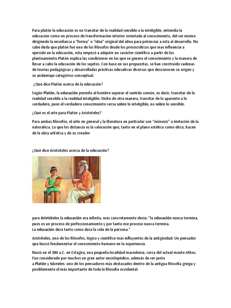 Para Platón La Educación Es Un Transitar De La Realidad Sensible A La