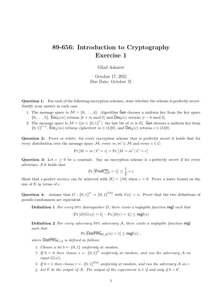 89-656: Introduction To Cryptography Exercise 1: Gilad Asharov October ...