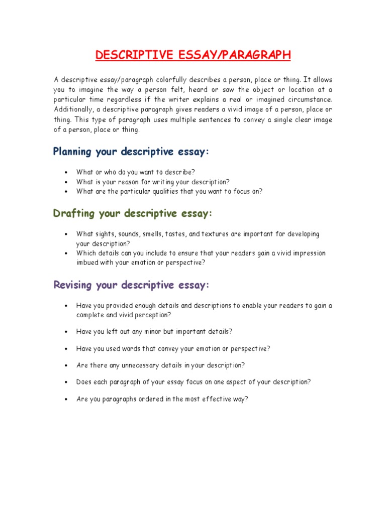 Descriptive Essay Theory & Sample | PDF | Essays | Perception