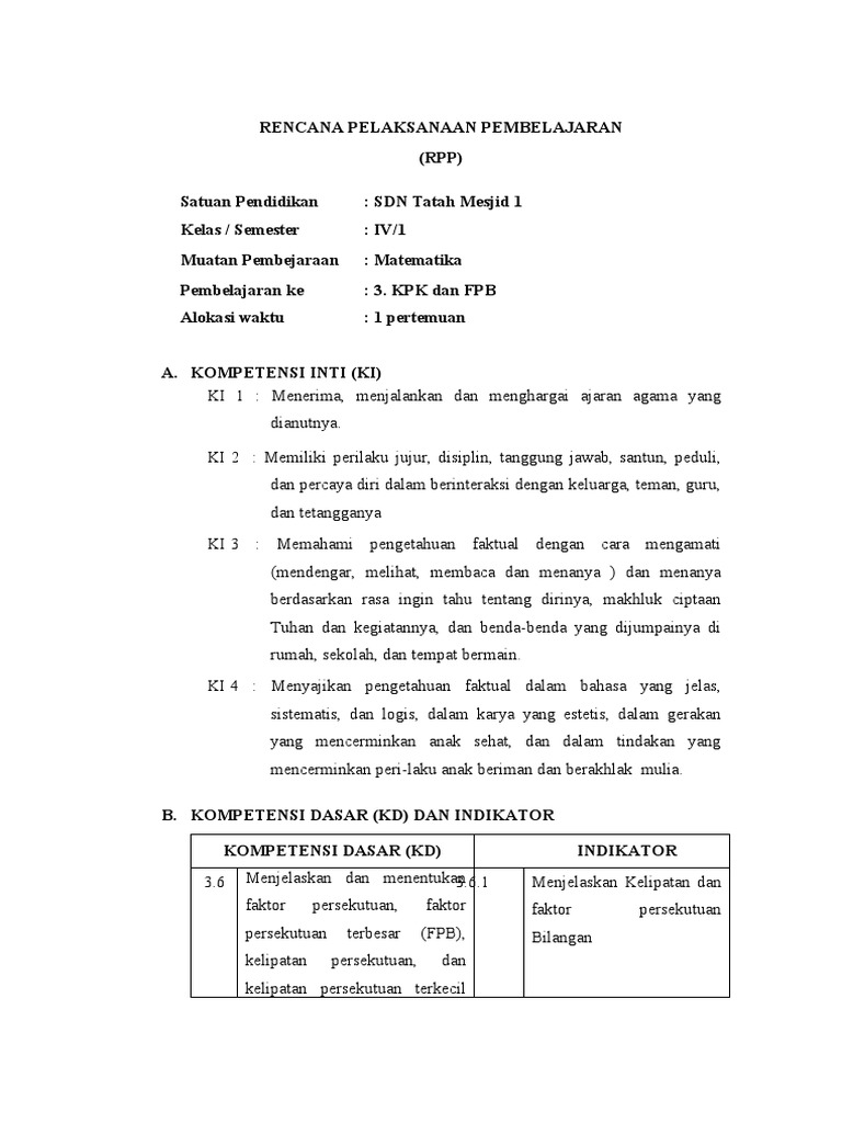 RPP Kelas 4 (Matematika) | PDF