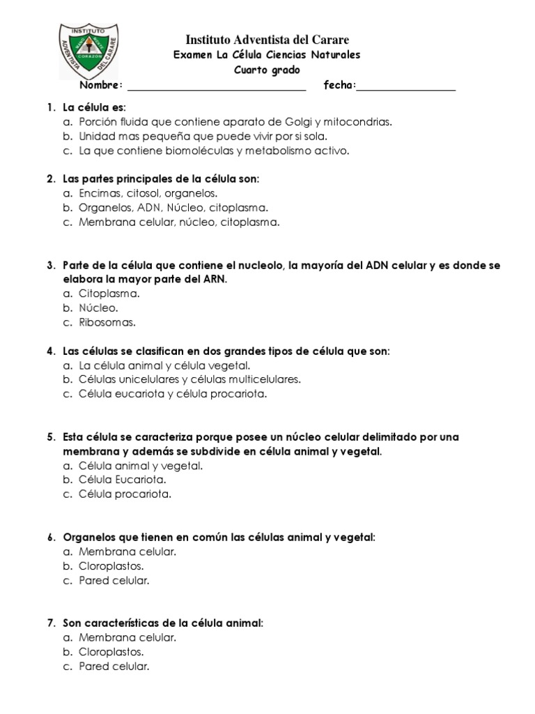 Examen La Celula Cuarto º | PDF