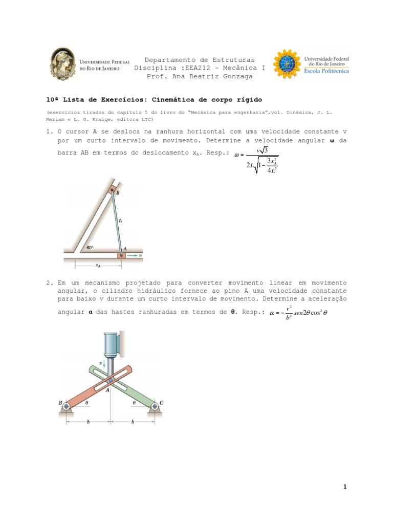 Lista10-Cinematica de Corpo Rigido | PDF | Velocidade | Cinemática