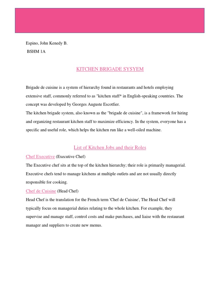 Kitchen Brigade System | PDF | Chef | Garde Manger