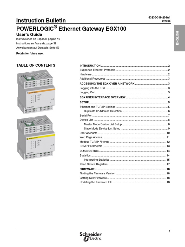 Instruction Bulletin Powerlogic Ethernet Gateway EGX100: User's Guide ...