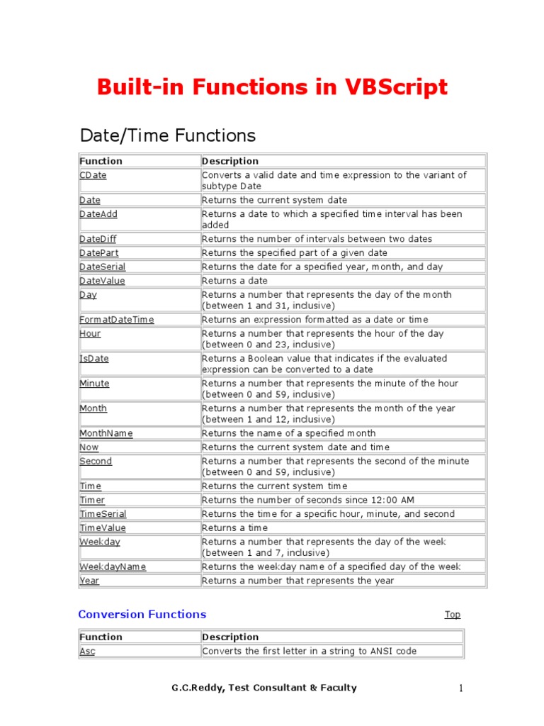 Built In Functions In Vbscript Pdf Array Data Structure String