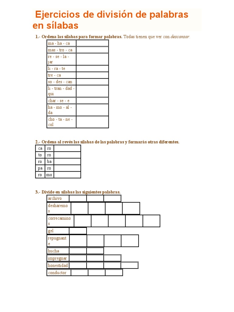 Ejercicios de División de Palabras en Sílabas | PDF