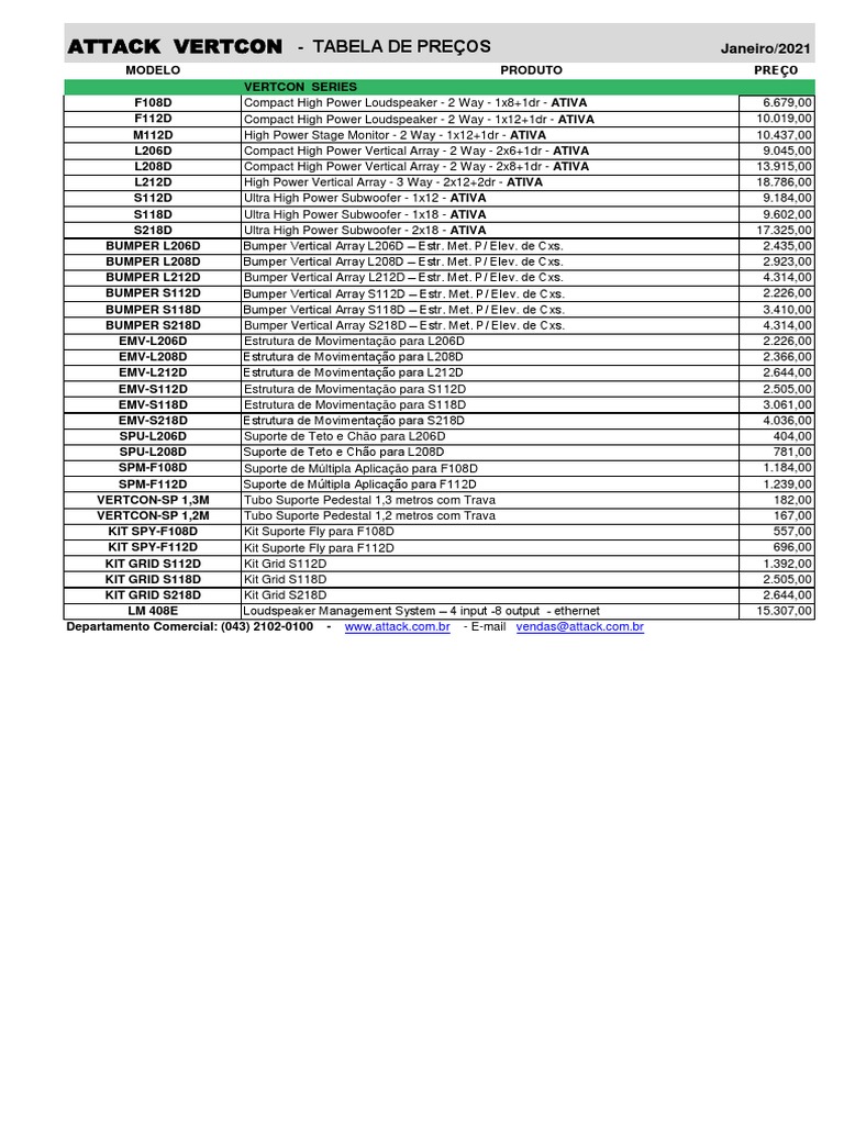 Tabela Vertcon Janeiro 2021 | PDF