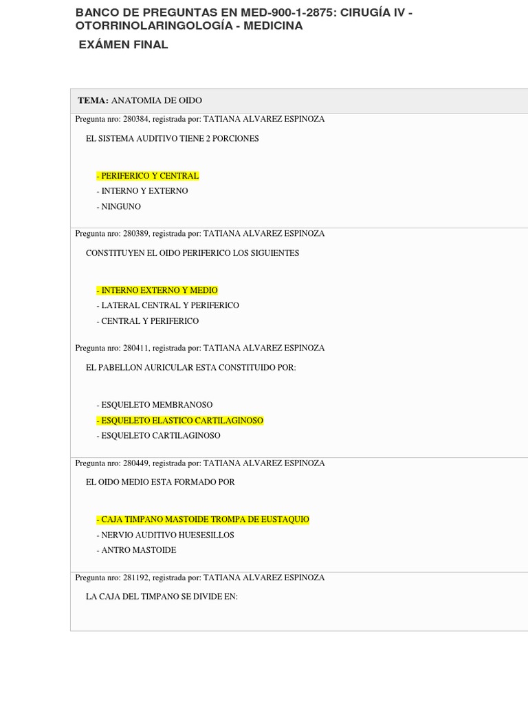 Otorrino Banco de Preguntas Completo-3 | PDF | Oído | Neurología