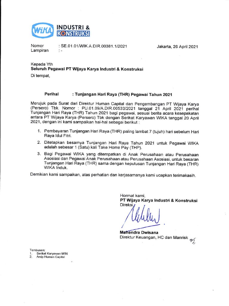 Surat Pengumuman THR Tahun 2021 | PDF