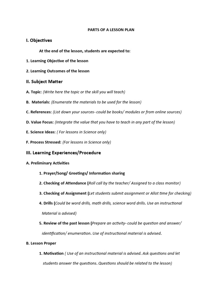 Parts of A Lesson Plan | PDF | Learning | Reading Comprehension