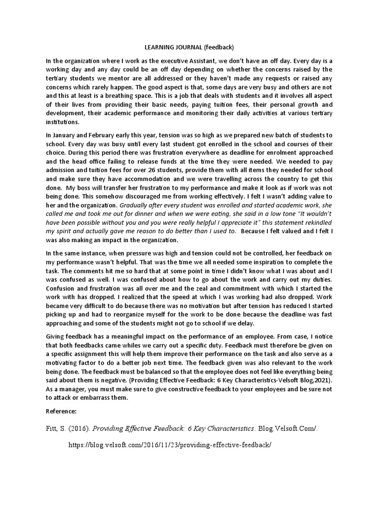 Feedback-Learning Journal | PDF | Motivation | Motivational