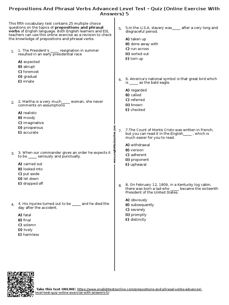 398 - Prepositions and Phrasal Verbs Advanced Level Test Quiz Online ...