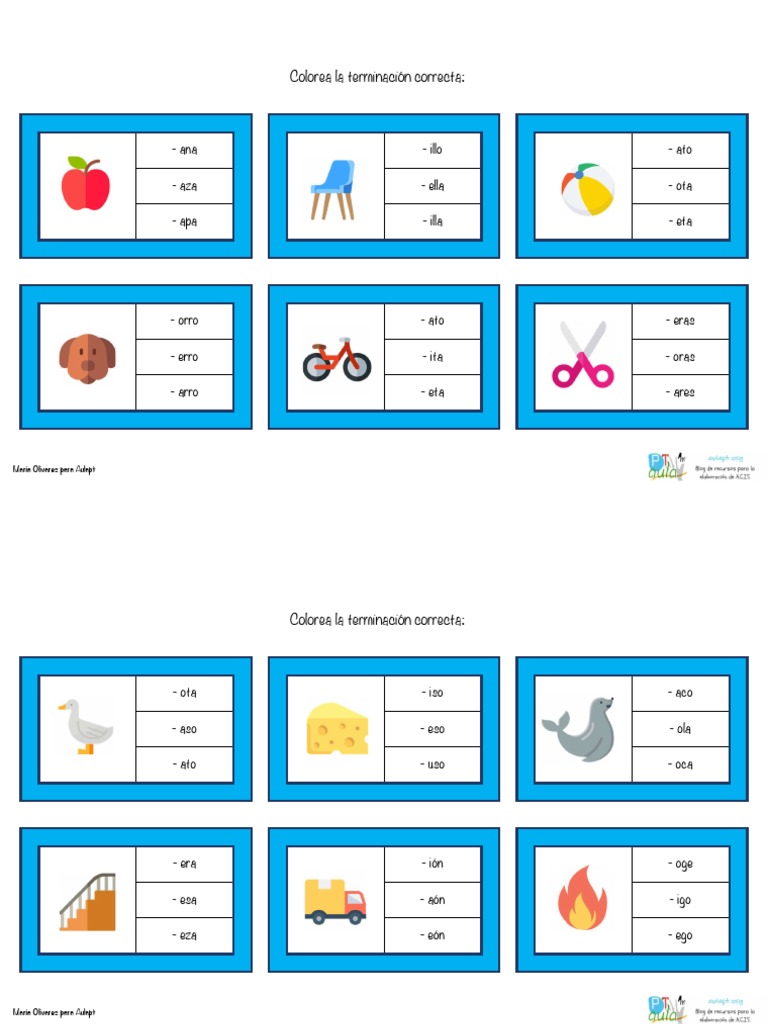 Tarjetas Conciencia Fonologica Terminacion | PDF