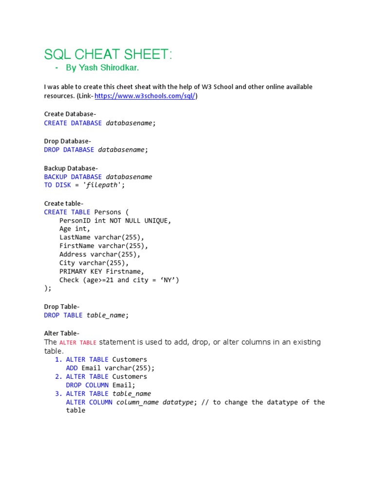 SQL Cheat Sheet:: - by Yash Shirodkar | PDF | Databases | Computer Science