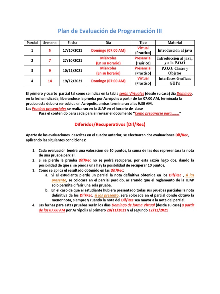 Plan de Evaluación de Programación III_2021_2CR | PDF | Java (lenguaje de programación)