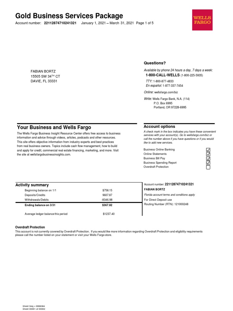 Fabian Bortz Jan-Mar Wells-Fargo - BNK Statemnt | PDF | Financial ...