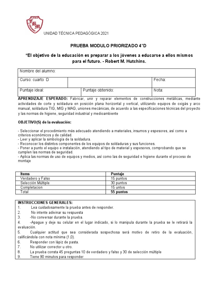 Prueba Modulo Priorizado Cuarto Año | Download Free PDF | Construcción | Soldadura