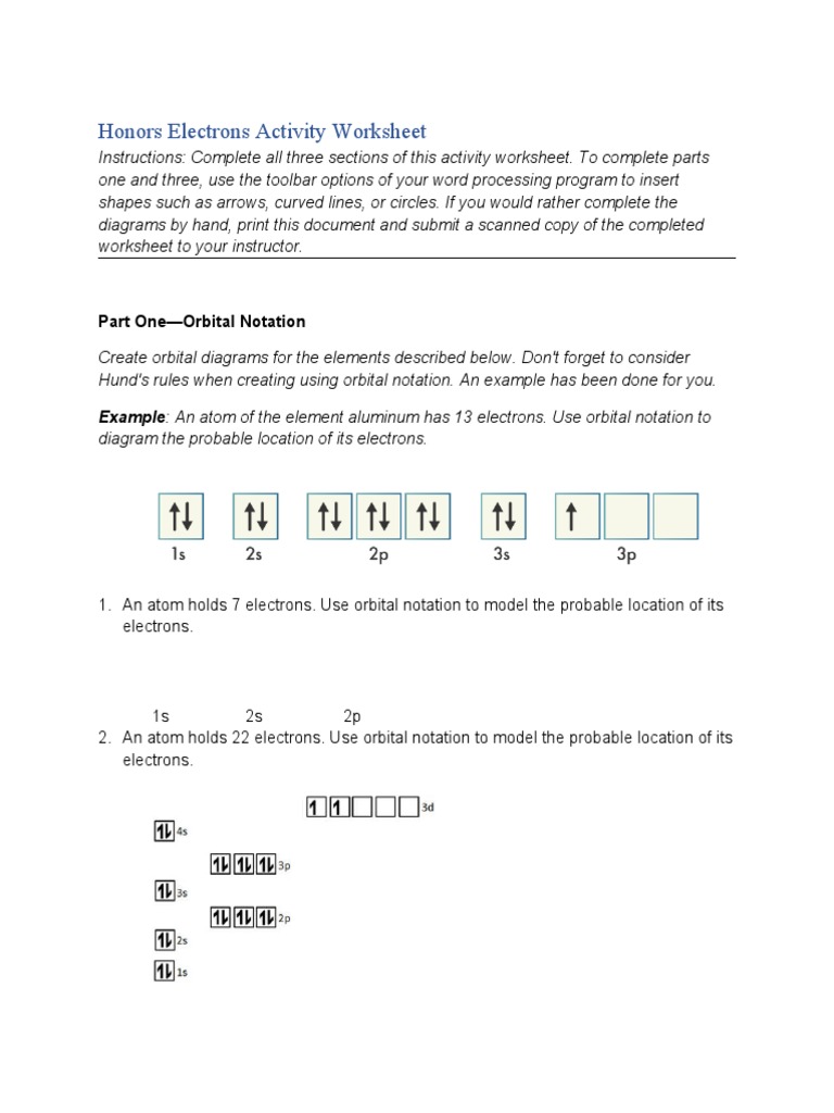 Honors Electrons Activity Worksheet: Part One-Orbital Notation | PDF ...