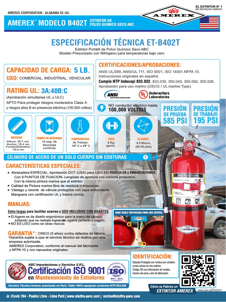 Extintor Amerex Polvo Quimico Seco ABC 5 Libras Indeci Modelo B402T Con ...