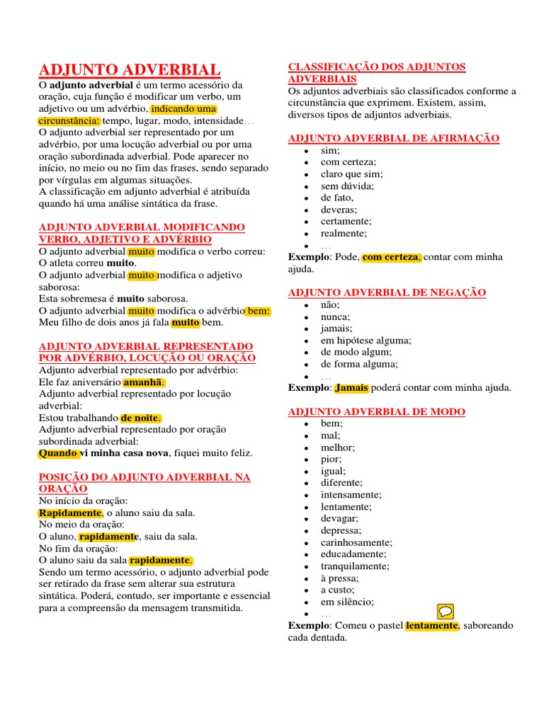 Classificação e tipos de adjuntos adverbiais | PDF | Advérbio ...
