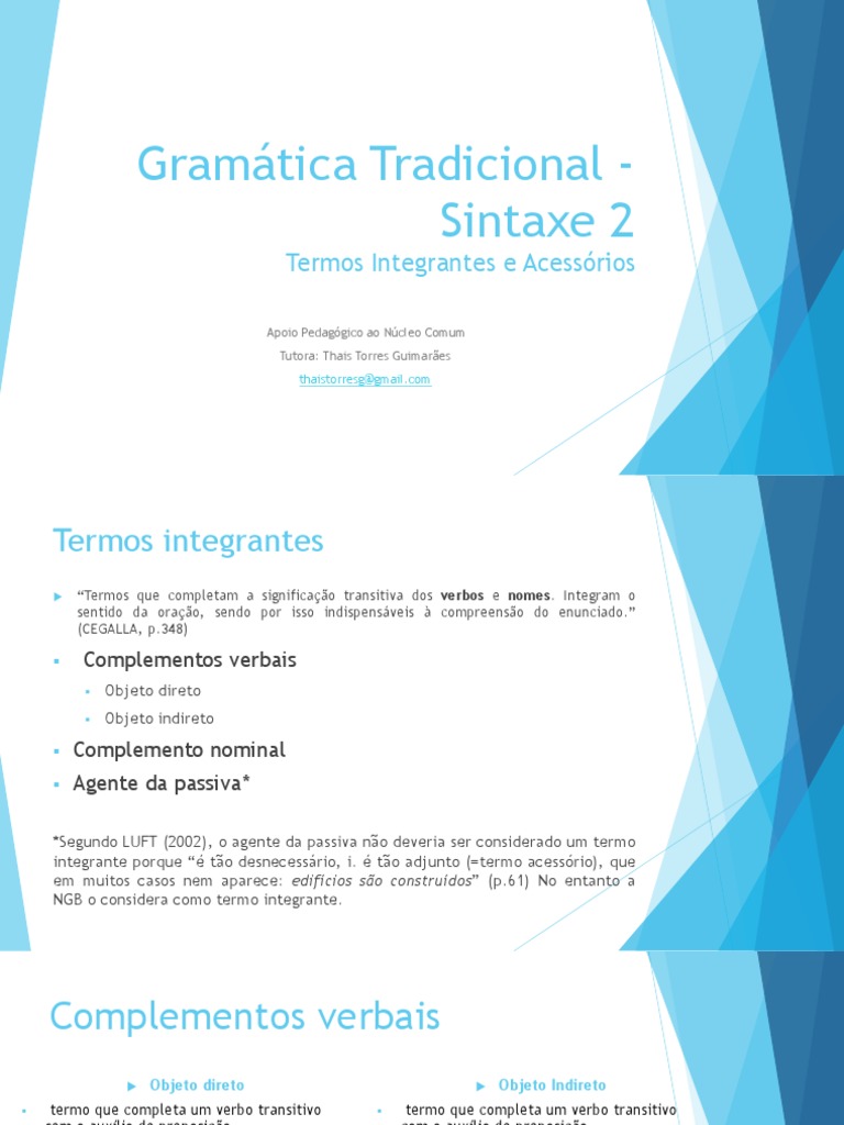 Gramática Tradicional Sintaxe 2 - Termos Integrantes e Acessórios | PDF ...