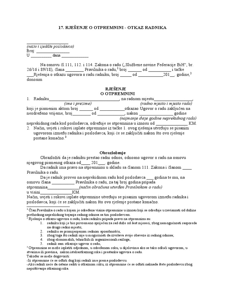 Rješenje o Otpremnini Otka Radnika | PDF