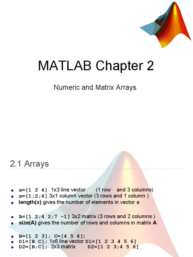 MATLAB Chapter 2: Numeric and Matrix Arrays | PDF | Matrix (Mathematics) | Polynomial