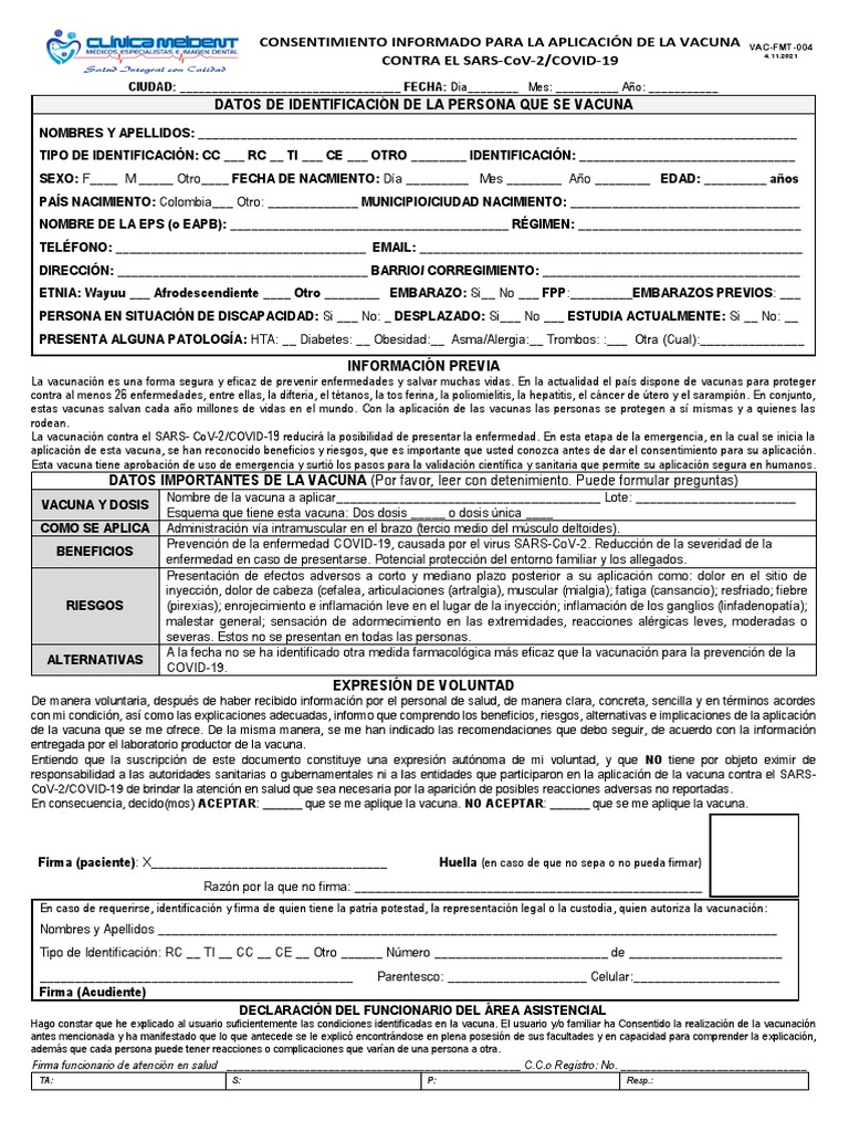 Vac-Fmt-004 Consentimiento Informado Covid-19 4.nov.21 | PDF | Vacunas ... Vac-Fmt-004 Consentimiento Informado Covid-19 4.nov.21 | PDF | Vacunas ...