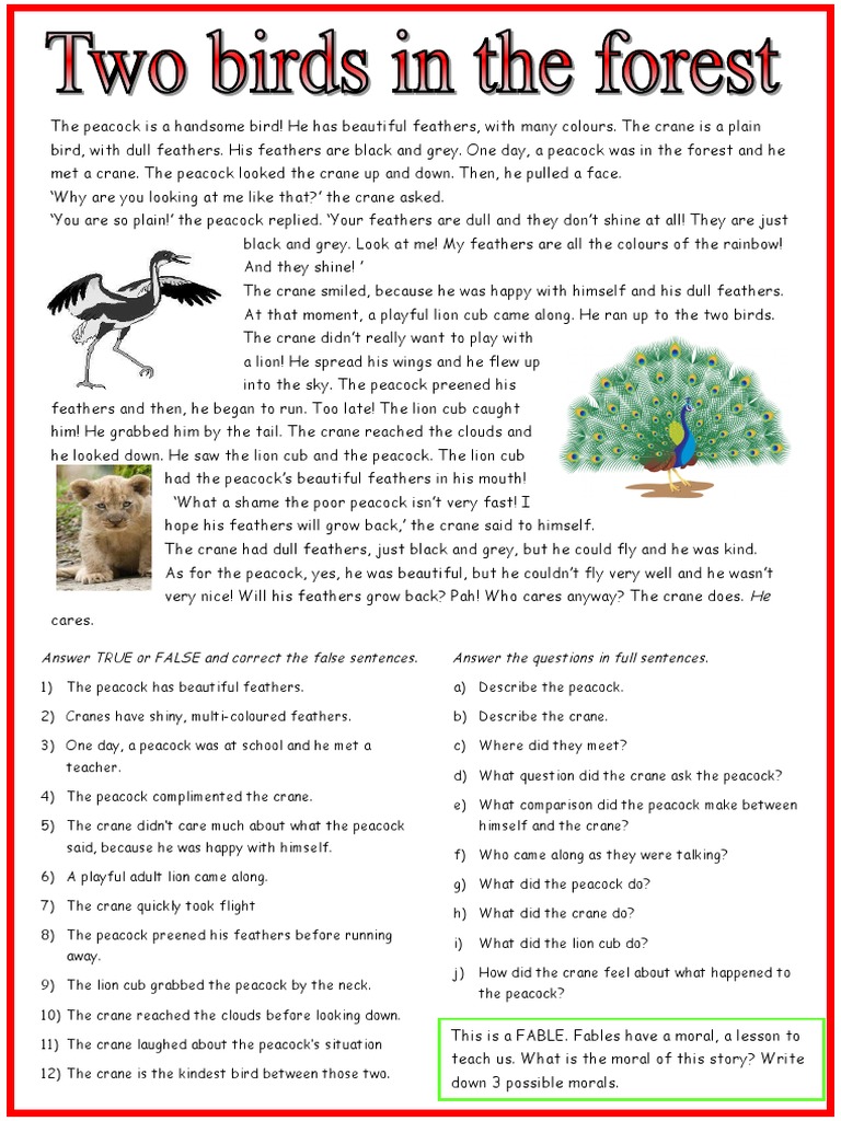 Two Birds in The Forest A Fable Reading Comprehension Exercises ...