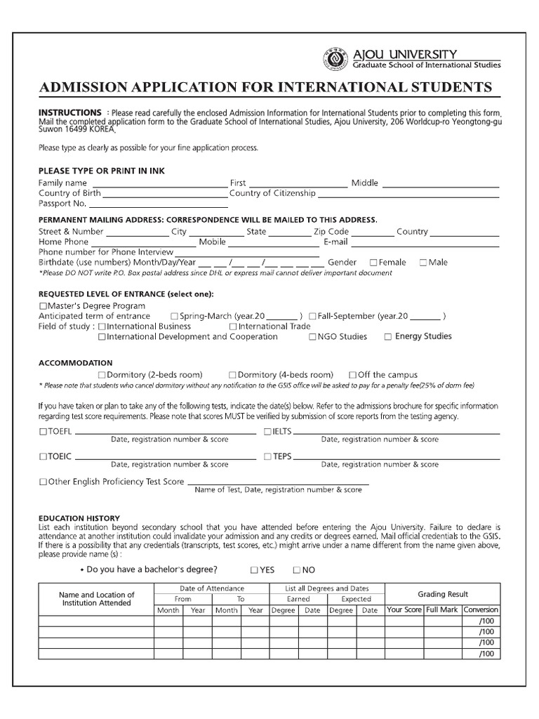 Ajou GSIS Admission Application Form ASSM Updated | PDF | University ...