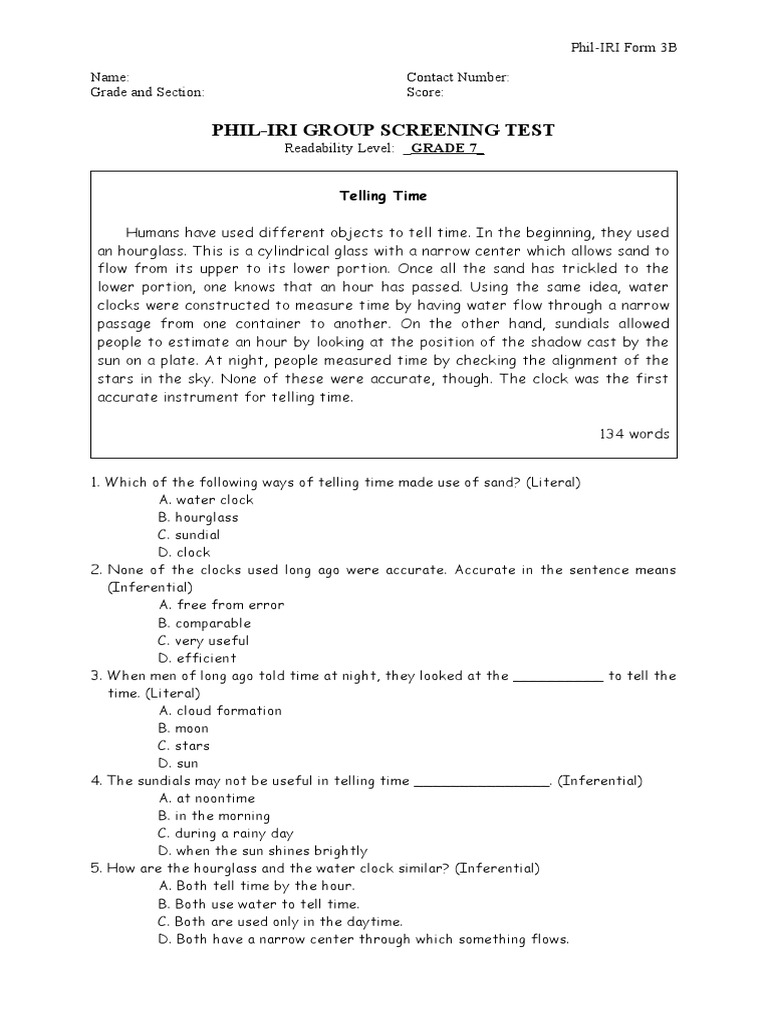 Phil-Iri Group Screening Test: - Telling Time | PDF | Hour | Clock