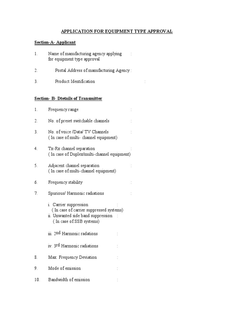 Application For Equipment Type Approval Section-A-Applicant | PDF