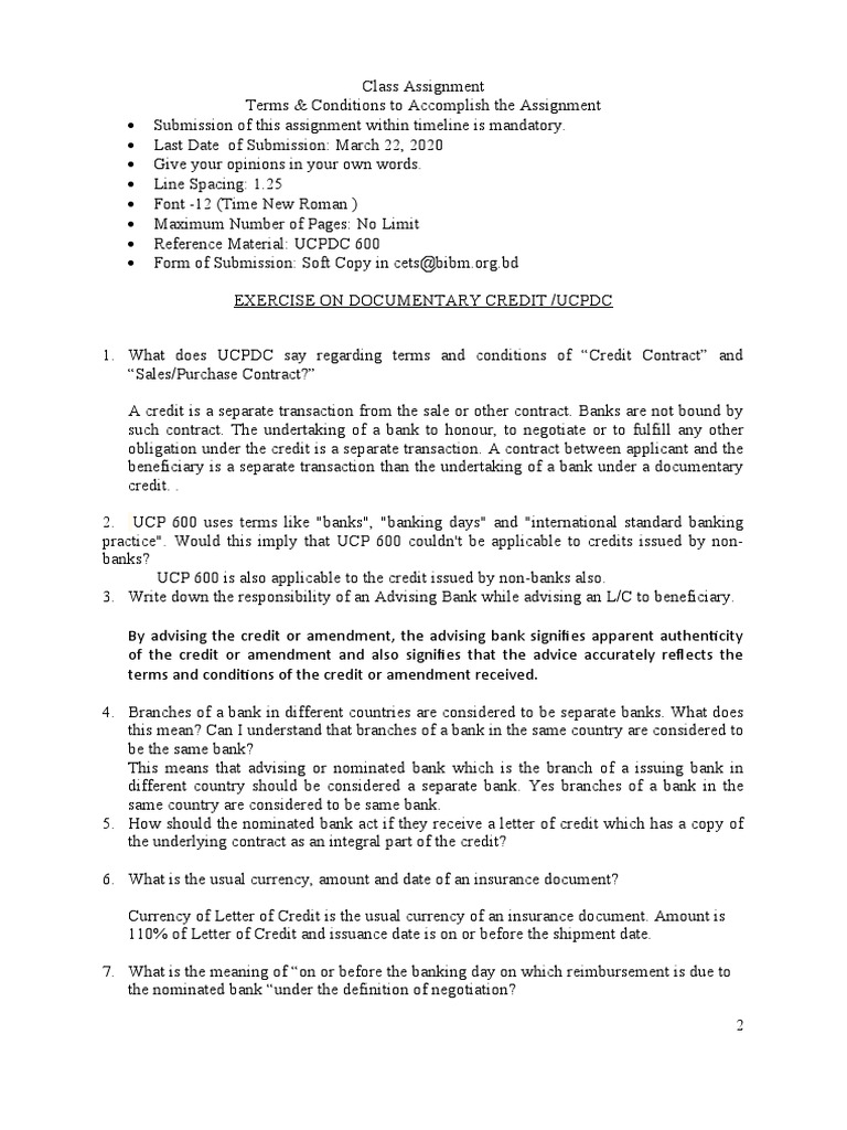 UCP 600 Documentary Credit Assignment | PDF | Letter Of Credit | Cargo
