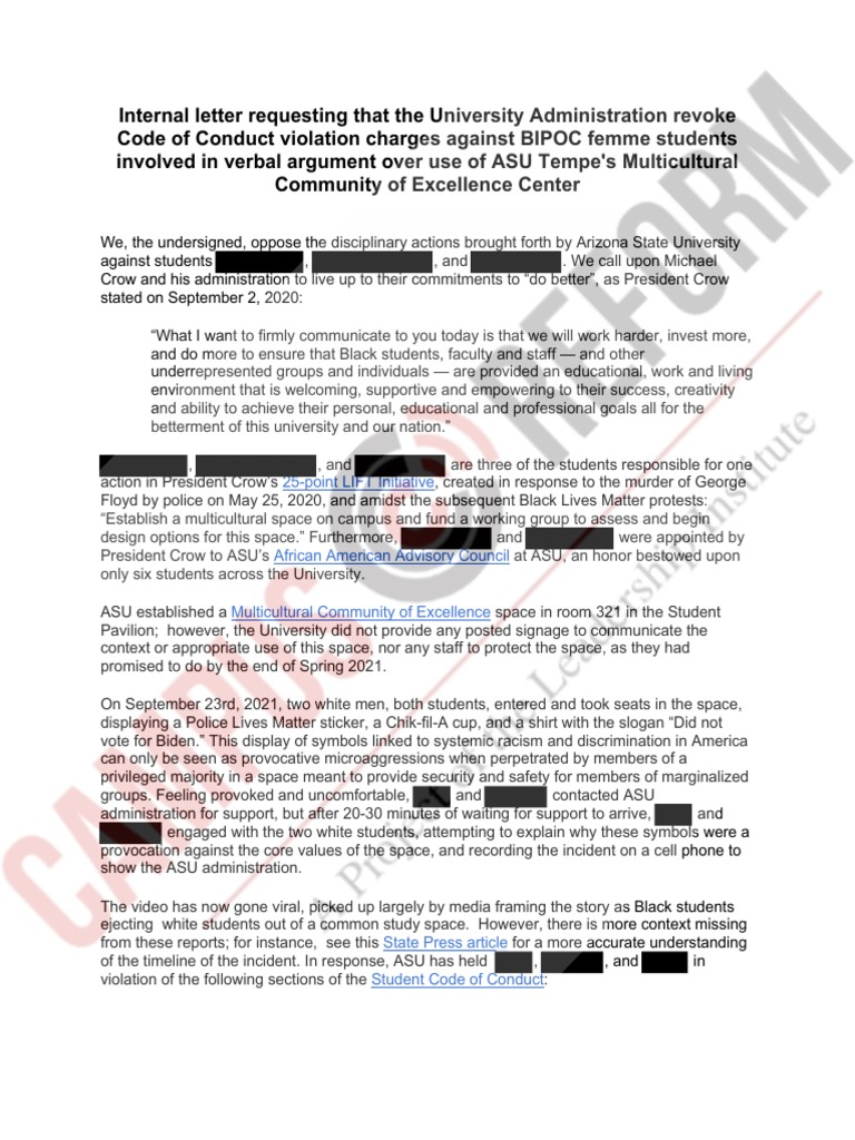 ASU Code of Conduct Letter | PDF | Arizona State University | Justice