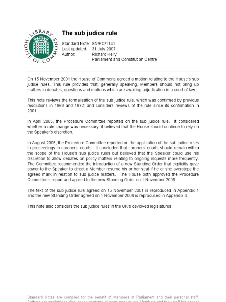 House of Commons Library Note On Sub Judice | PDF | Parliament Of The ...