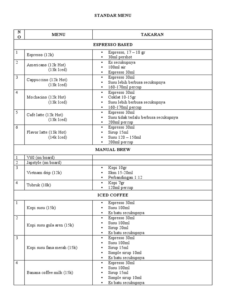 Standar Menu | PDF | Food And Drink Preparation | Caffeinated Drinks