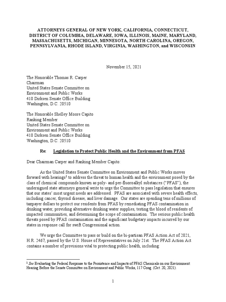 Pfas Letter To Epw 11.15.2021 | PDF | Superfund | United States ...