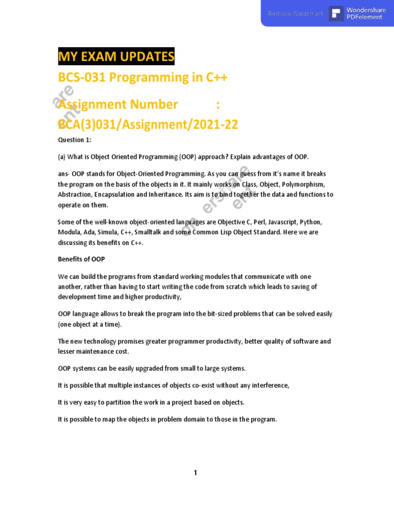 Bcs 031 Solved Assignment Pdf Object Oriented Programming Class