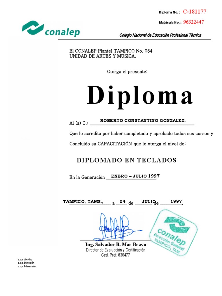 Diploma de Conalep en Teclados | PDF