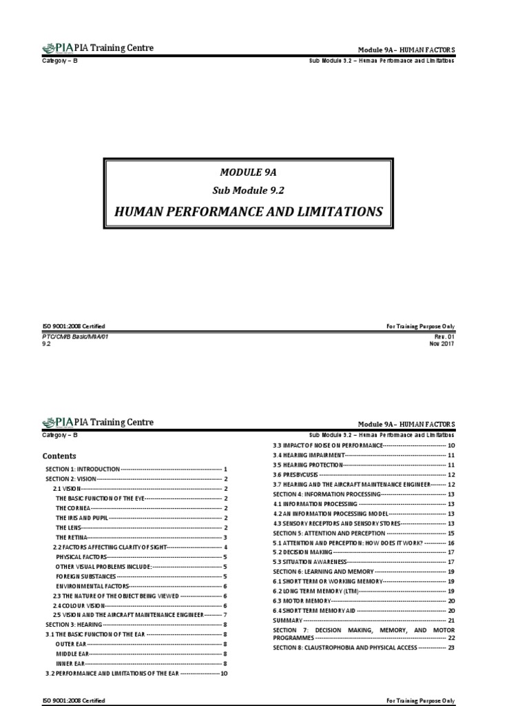 Module 9 (Human Factors) Sub Module 9.2 (Human Performance | PDF | Eye ...