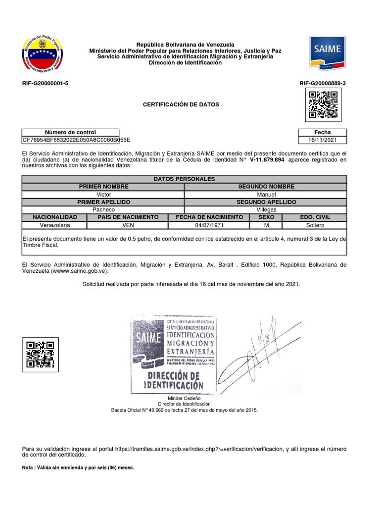 Certificacion o Autenticacion Cedula Victor Pacheco | PDF | Gobierno y personalidad | Venezuela