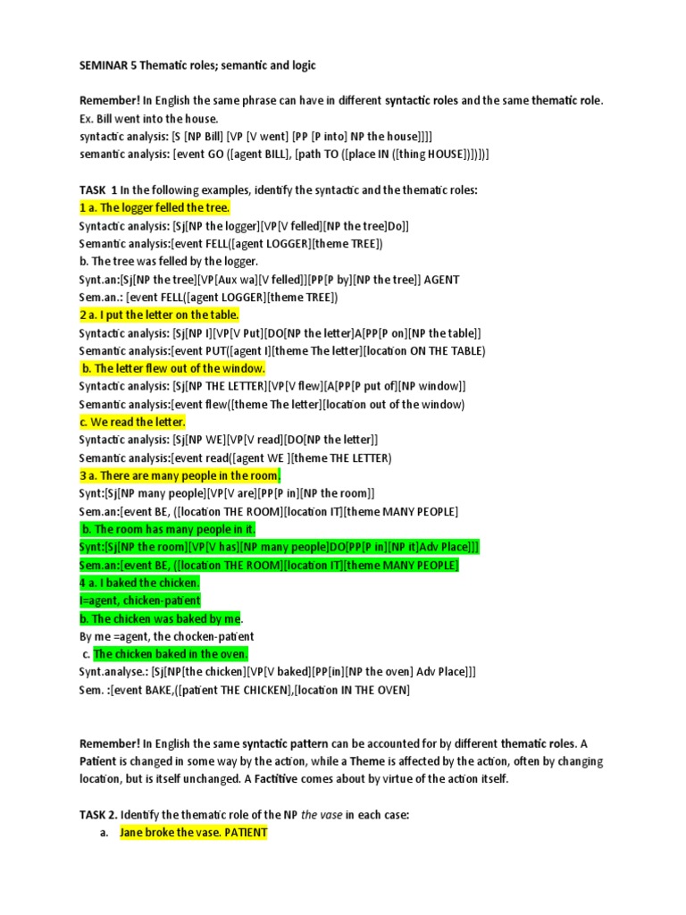 Week 5 Seminar Thematic Roles - Semantic and Syntax | PDF | Syntax | Phrase