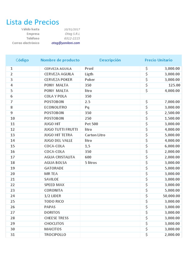 Lista de Precios en Excel | PDF