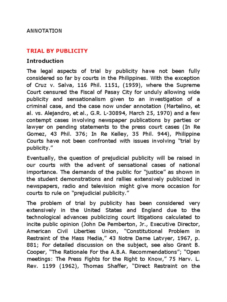 TRIAL BY PUBLICITY - Annotation | PDF | Continuance | Trials