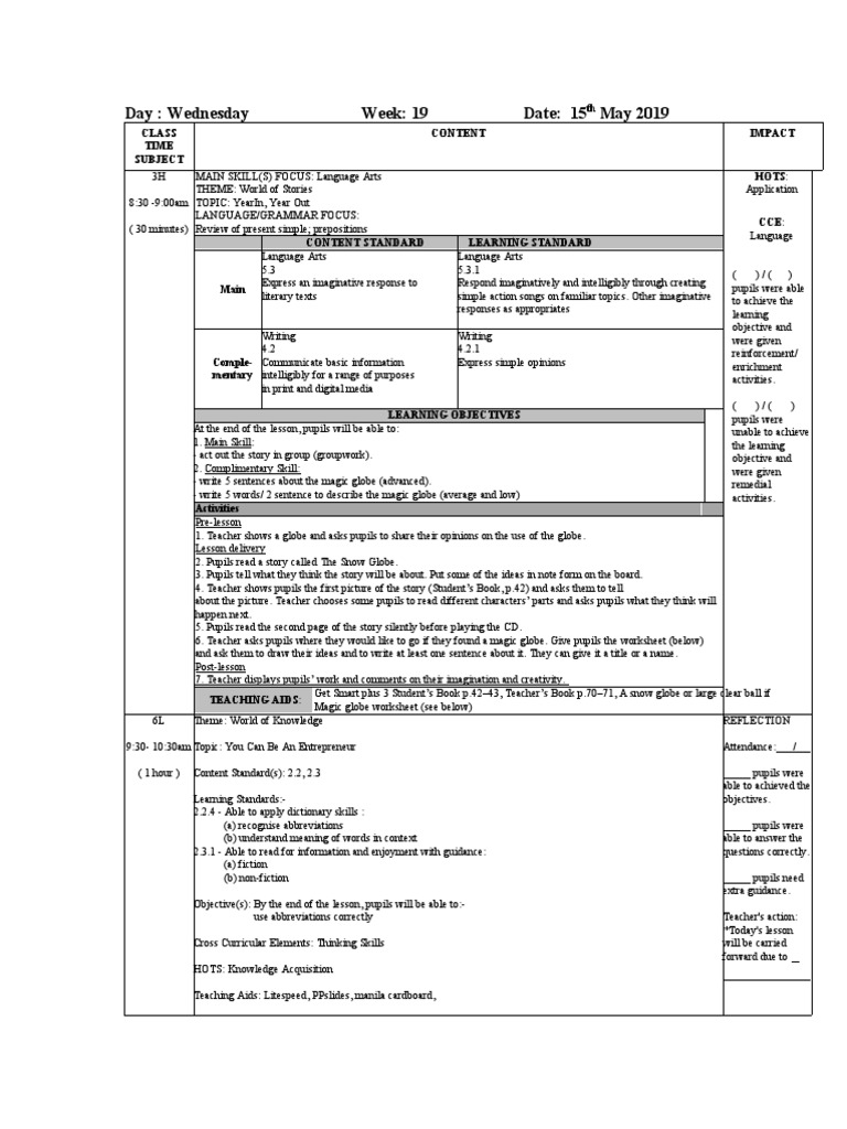Lesson Plan Wed Week 19 | PDF | Teachers | Lesson Plan