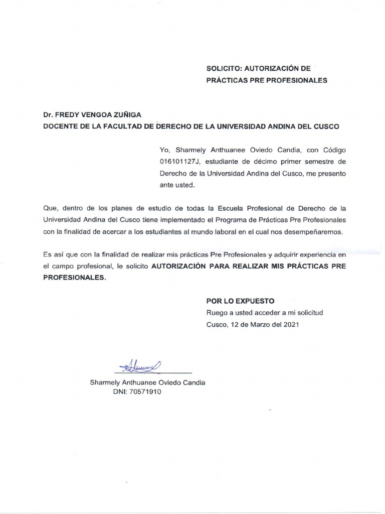 Modelo SOLICITUD DE PRÁCTICAS PRE PROFESIONALES | PDF