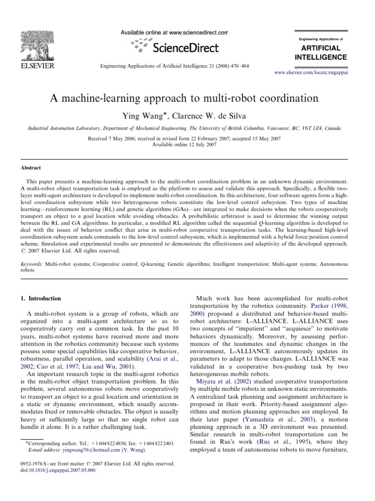 A Machine-Learning Approach To Multi-Robot Coordination: Ying Wang, Clarence W. de Silva | PDF ...