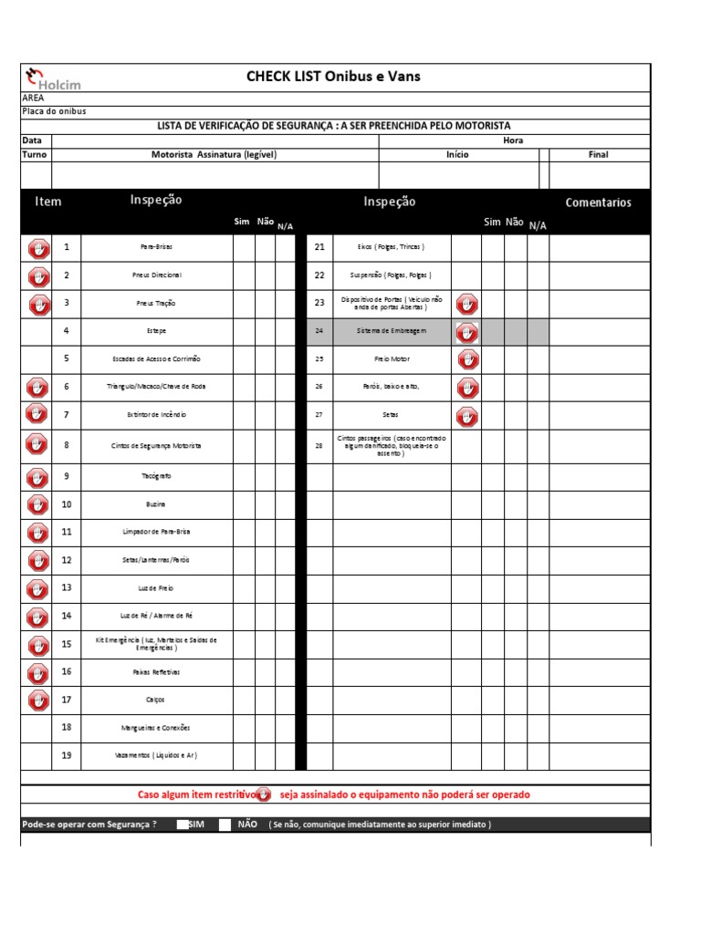 Anexo 9.5 Check List Onibus e Vans Rev01 | PDF | Tecnologia de veículos ...