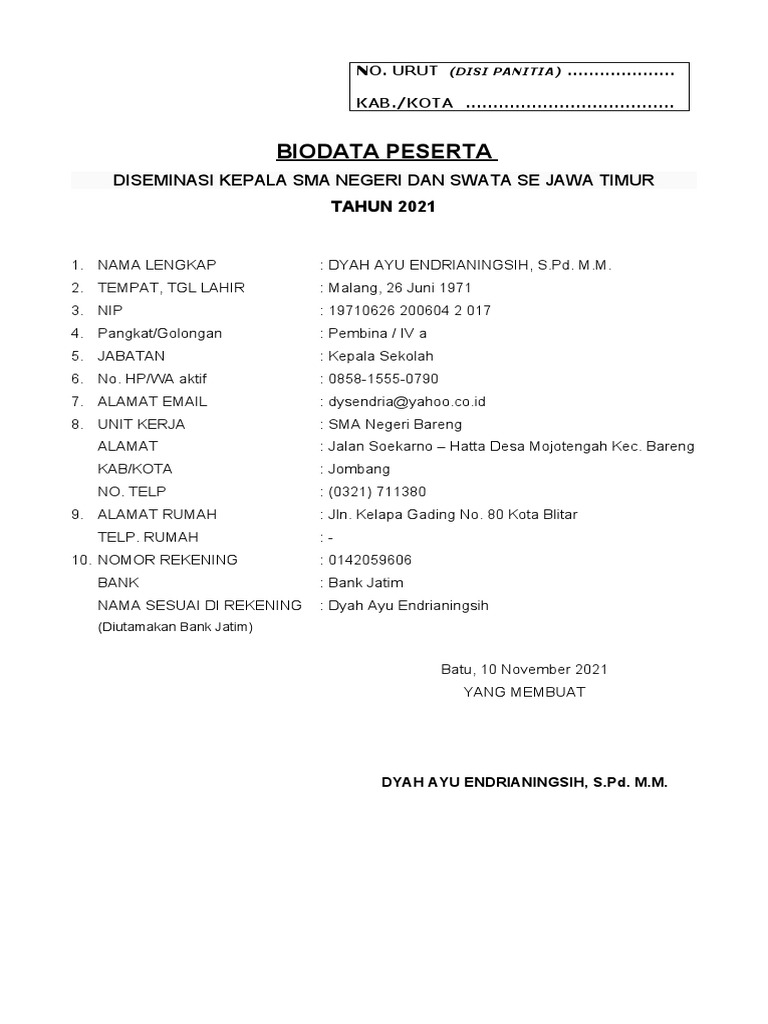 BIODATA Peserta Diseminasi Kepsek | PDF