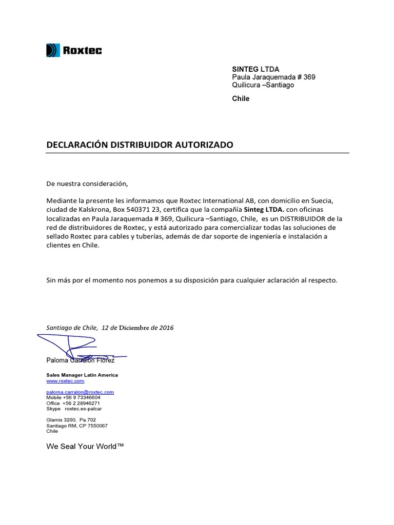 Carta de Distribuidor Autorizado ROXTEC 2016 | PDF Carta de Distribuidor Autorizado ROXTEC 2016 | PDF